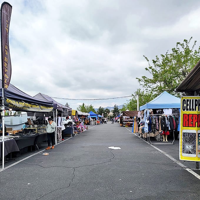 The swap meet's main drag unfolds like a retail runway, with vendors standing ready to negotiate as mountains peek through the clouds in the distance.