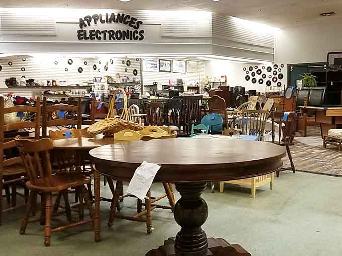 Inside the store, you'll find table sets and appliance electronics, creating a cozy haven for bargain hunters searching for treasure-filled finds.