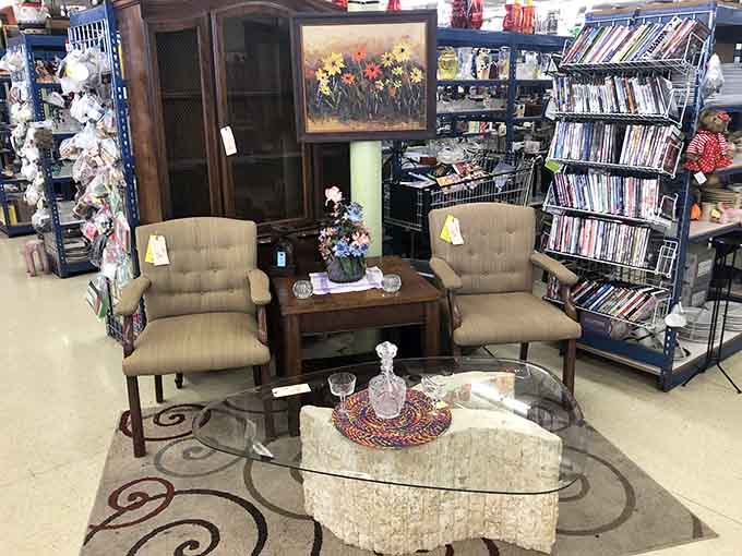 Furniture displays that look this good make you forget you're paying thrift store prices instead of boutique rates.