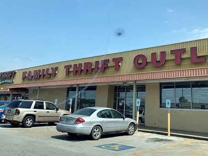 The golden facade of Family Thrift Center Outlet stands proudly against a Texas sky, promising treasure hunters adventures that big box stores simply can't deliver.