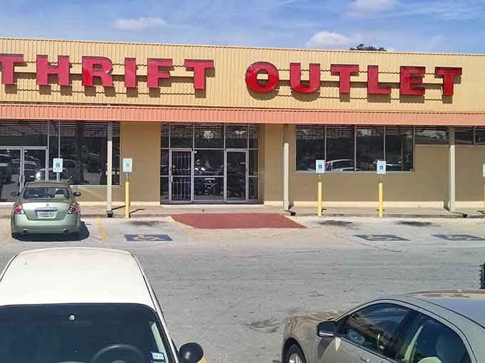 The golden facade of Family Thrift Center Outlet stands proudly against a Texas sky, promising treasure hunters adventures that big box stores simply can't deliver.