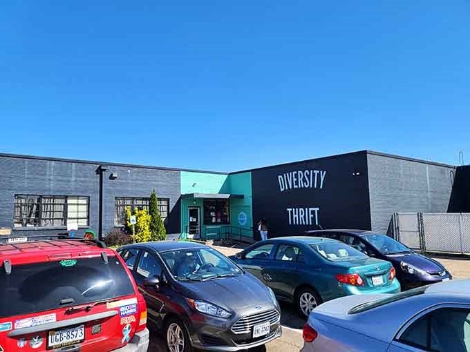 That modern exterior with the bold teal accents isn't your typical thrift store vibe, and that's exactly the point.