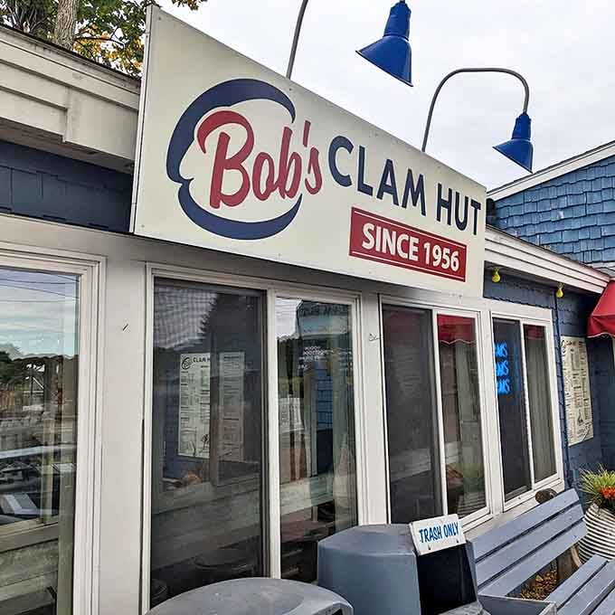 The blue beacon of seafood heaven! Bob's Clam Hut stands proudly along Route 1 in Kittery, its picket fence and picnic tables promising authentic Maine deliciousness.