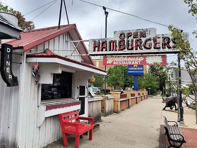 The red bench outside beckons like an old friend saying, "Take a load off and prepare for onion ring perfection." Clare's sidewalk seating with character.