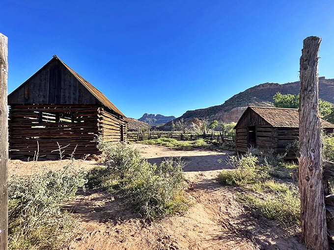 Pioneer ingenuity on display with these weathered log structures&mdash;imagine the neighborhood gossip that once traveled between these walls!