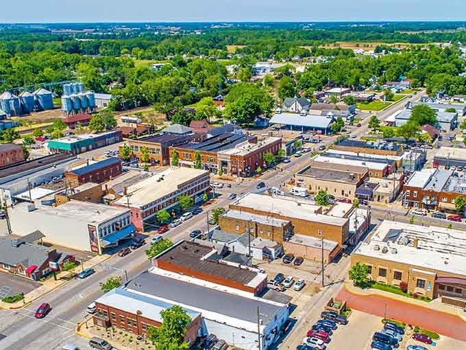 Downtown Nappanee from above looks like someone built a real town using only the good parts of small-town America as inspiration.