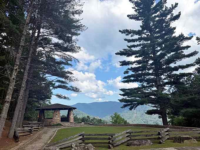 Mountain views framed by stone and sky, where picnic shelters become front-row seats to nature's greatest show.
