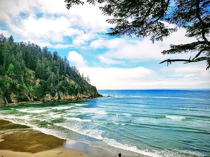 Short Sand Beach stretches before you like nature's perfect amphitheater, where towering cliffs meet the endless Pacific in a standing ovation.