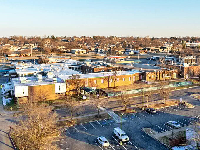 An aerial view of Sapulpa showcasing the town's layout with brick buildings and community spaces that form this postcard-perfect Oklahoma gem.