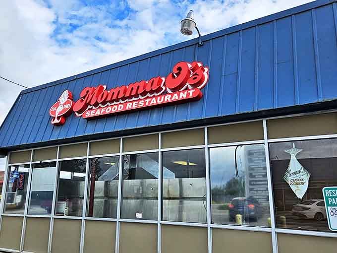 The iconic blue exterior and bright red sign of Momma O's welcomes seafood lovers to this unpretentious Anchorage gem.