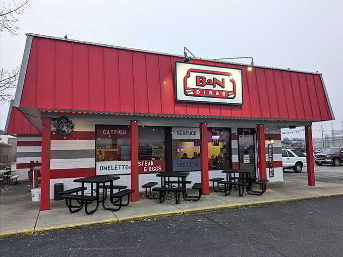 The bright red exterior of B&N Diner stands like a beacon of breakfast hope against the Indiana sky. Come hungry, leave happy.