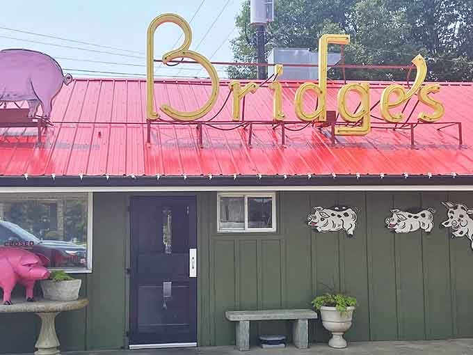 That iconic red roof and vintage "Bridges" sign against the Carolina blue sky is like a beacon calling all barbecue pilgrims home.