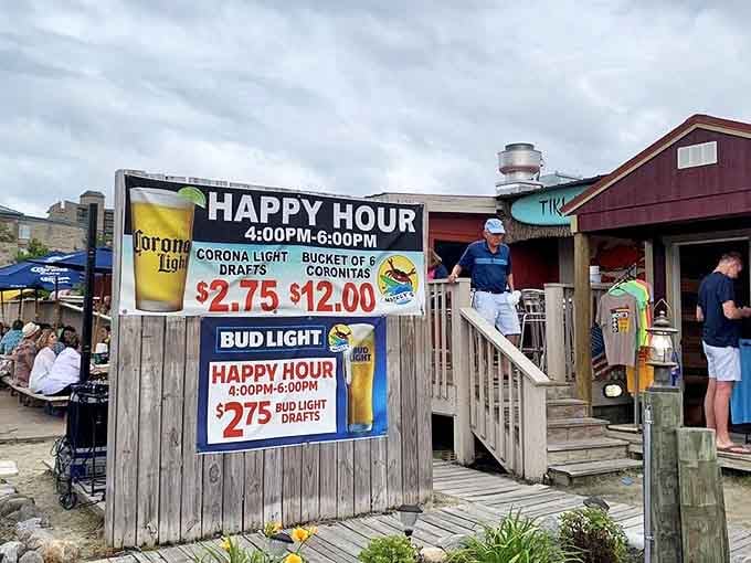 The weathered wooden deck and happy hour signs tell you everything you need to know&mdash;this place prioritizes cold beer and fresh seafood over fancy frills.