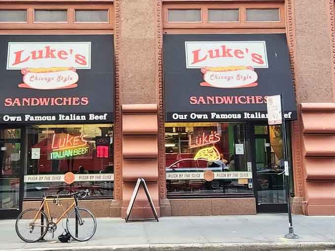 The storefront that launched a thousand napkins. Luke's iconic facade promises Chicago-style sandwiches that have been satisfying the city's beef cravings for generations.