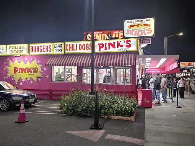 That hot pink exterior glows like a beacon of hope for hungry souls navigating the Los Angeles streets.