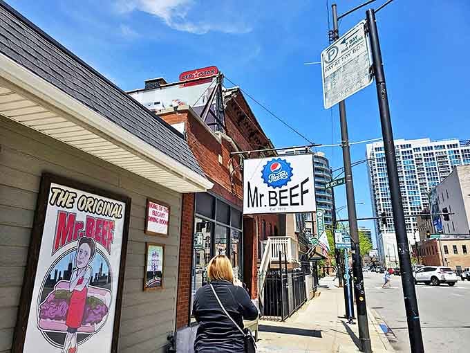 The iconic blue and white Mr. Beef sign has guided hungry Chicagoans through decades of beef-induced bliss, a North Side landmark that's outlasted countless food trends.