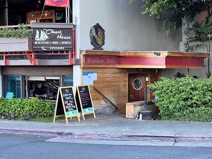The Harbor Pub entrance sits below Chart House like the cool basement apartment of your favorite relative&mdash;casual vibes downstairs, upscale delights just a staircase away.