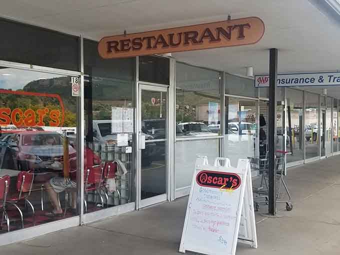 That classic diner storefront is like a time machine, except instead of flux capacitors, it runs on bacon grease and coffee.