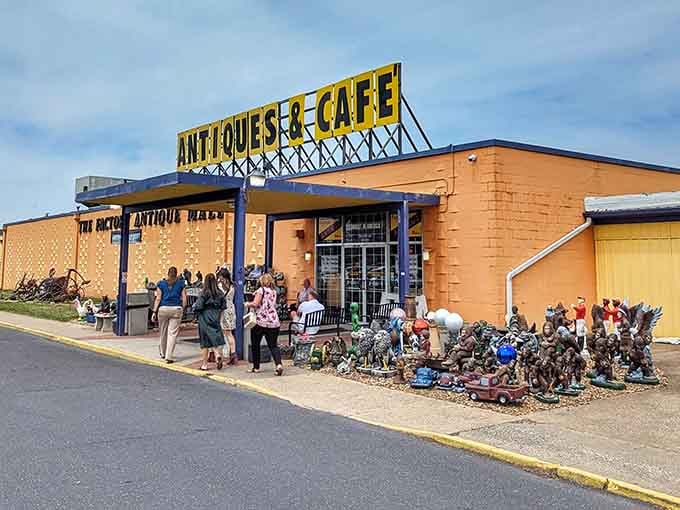 That bold "ANTIQUES & CAFE" sign isn't just advertising, it's a beacon calling treasure hunters from miles around.