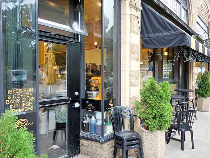 Buns Guns In These Premises warns the door sign, and they're not kidding&mdash;their cinnamon weapons are dangerously delicious. Enter at your own risk!