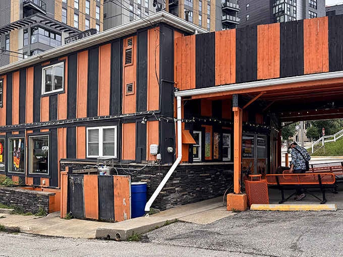 That distinctive orange and black striped exterior isn't trying to be subtle, and honestly, why should it be?
