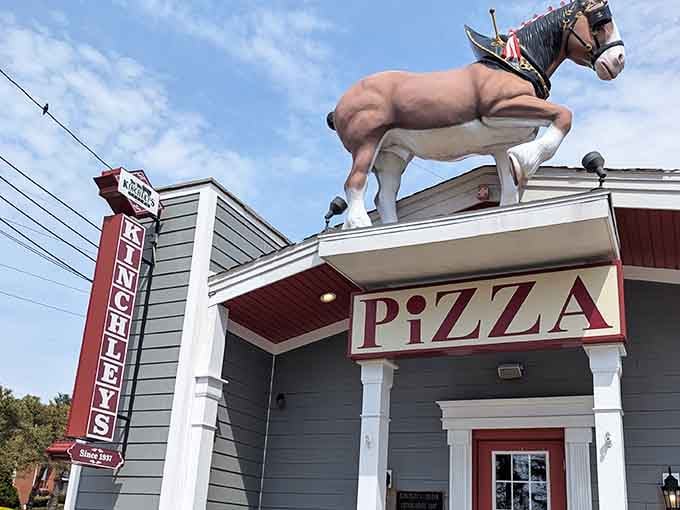 The legendary horse on the roof isn't just decoration&mdash;it's a beacon calling hungry travelers to pizza paradise at Kinchley's Tavern in Ramsey.