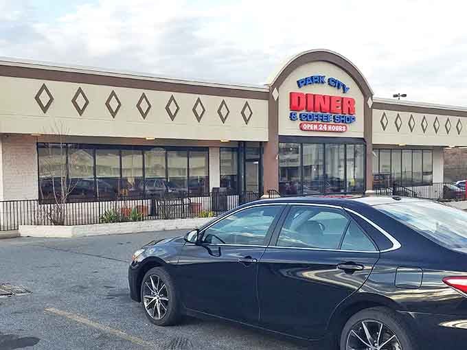 Like a culinary lighthouse on the Lancaster horizon, Park City Diner's bold red signage promises comfort food salvation to weary Pennsylvania travelers day or night.
