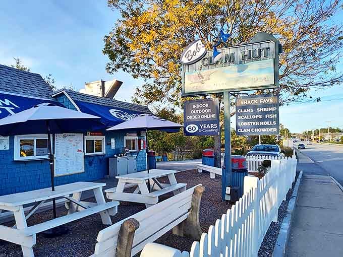 The blue beacon of seafood heaven! Bob's Clam Hut stands proudly along Route 1 in Kittery, its picket fence and picnic tables promising authentic Maine deliciousness.