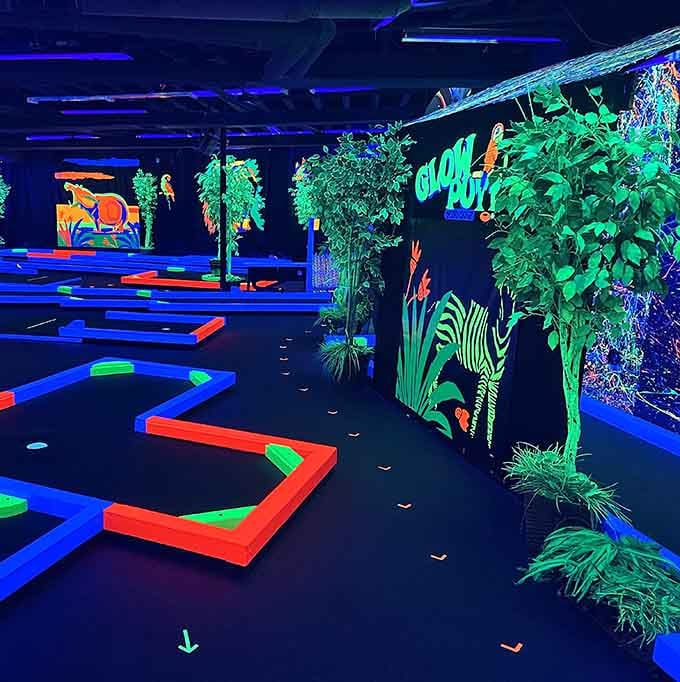 Multiple lanes of neon-bright mini golf stretch before you like a fluorescent highway to fun and friendly competition.