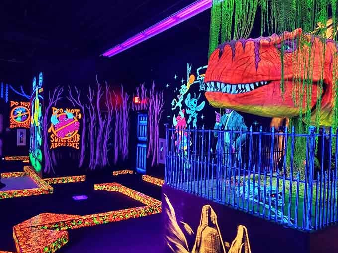 That moment when a fluorescent dinosaur becomes your golf opponent and you're oddly okay with it.