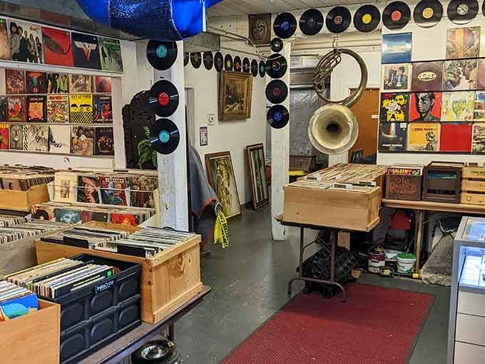 Vinyl paradise awaits music lovers with rows of albums, hanging records, and vintage audio equipment creating a collector's dream space.