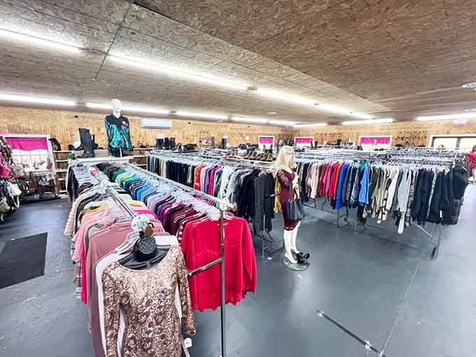 Racks on racks on racks! The clothing section at Peach Bottom stretches into the horizon like a textile promised land.