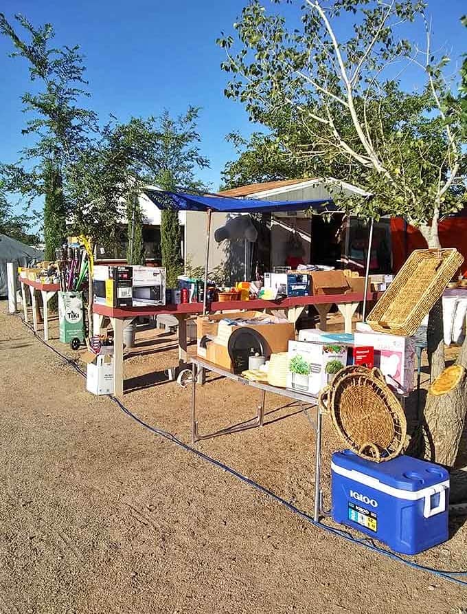 Nature provides the perfect backdrop for this desert marketplace, where household appliances and wicker treasures find new homes among the mesquite trees.