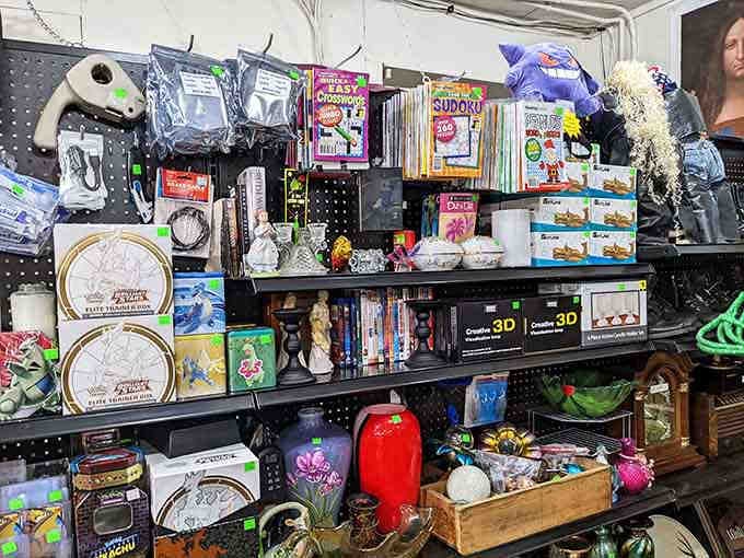 Sudoku books meet Pokémon figures in this delightfully random display where organization is merely a suggestion, not a rule.