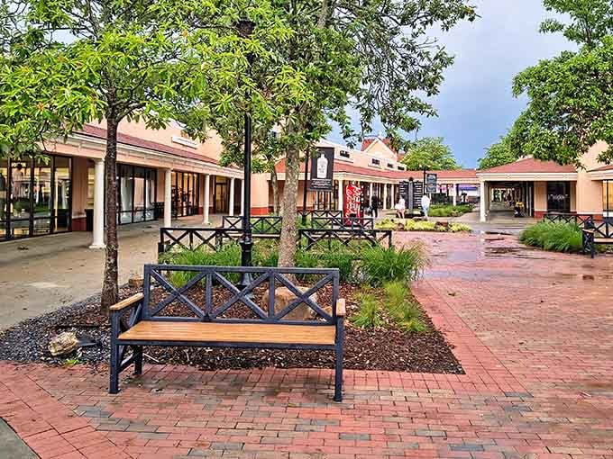 Thoughtfully designed outdoor walkways and comfortable benches offer shoppers a peaceful respite between bargain-hunting adventures.