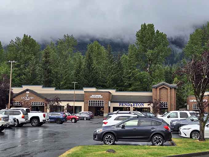 When storm clouds roll over the Cascades, even your shopping bags feel more dramatic and cinematic.
