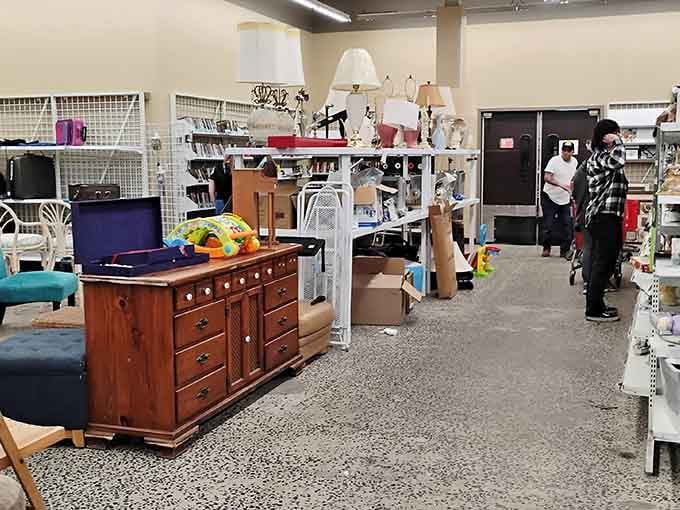 The furniture section offers everything from wooden dressers to lamps, each piece waiting for someone to give it a second life.