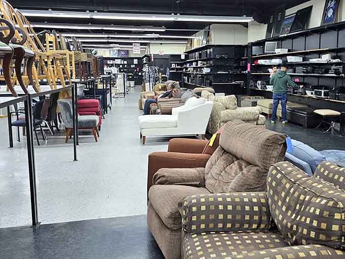 Furniture sprawls across the floor like a living room showroom, minus the pushy salespeople and inflated price tags.