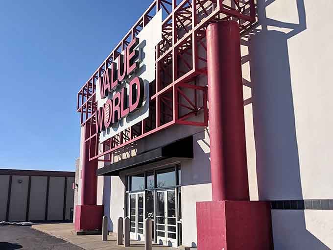 The entrance beckons with architectural flair, proving that secondhand shopping can have serious curb appeal.