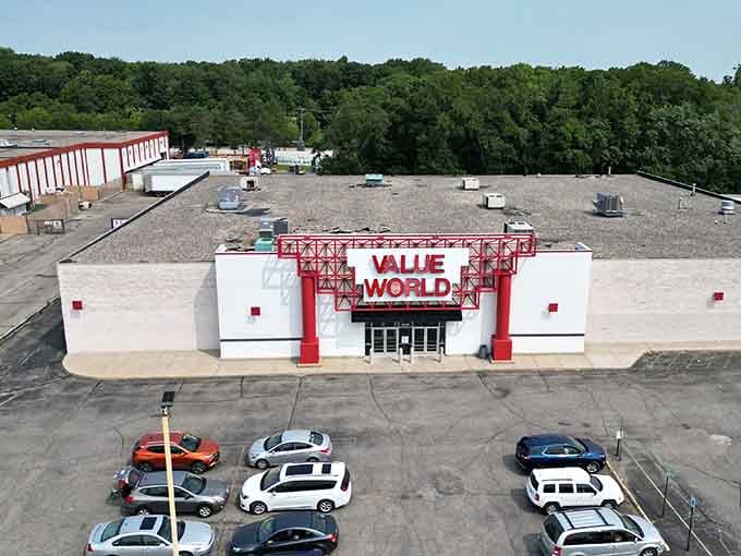 From above, the thrift empire reveals its true scale, a treasure hunter's paradise awaiting discovery.