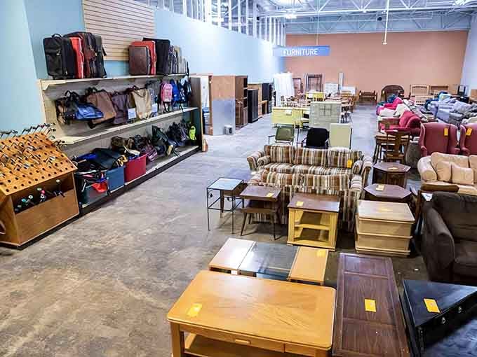 This expansive furniture section is where coffee tables and couches wait patiently for their second chance at glory.