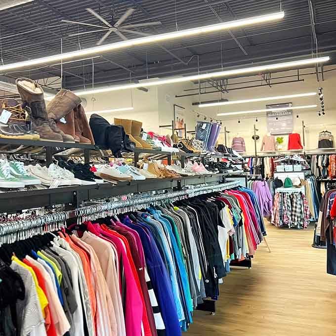 Treasure hunting made easy. With color-coded racks and shoes displayed overhead, finding your next style upgrade feels less like work and more like play.