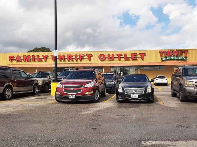 The golden facade of Family Thrift Center Outlet stands proudly against a Texas sky, promising treasure hunters adventures that big box stores simply can't deliver.