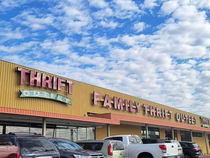 The golden facade of Family Thrift Center Outlet stands proudly against a Texas sky, promising treasure hunters adventures that big box stores simply can't deliver.