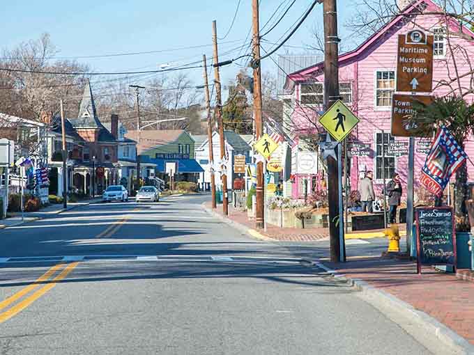 Colorful downtown buildings reflect like a nautical kaleidoscope come to life.