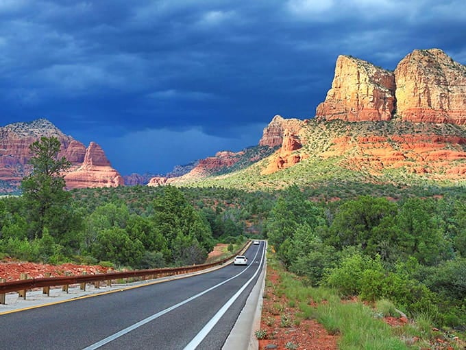 Storm clouds add drama to an already theatrical landscape, proving Mother Nature never does anything halfway.
