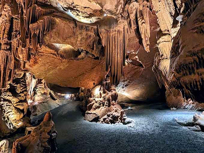 The cavern floor reflects formations above, doubling the magic and making you question which way is up.