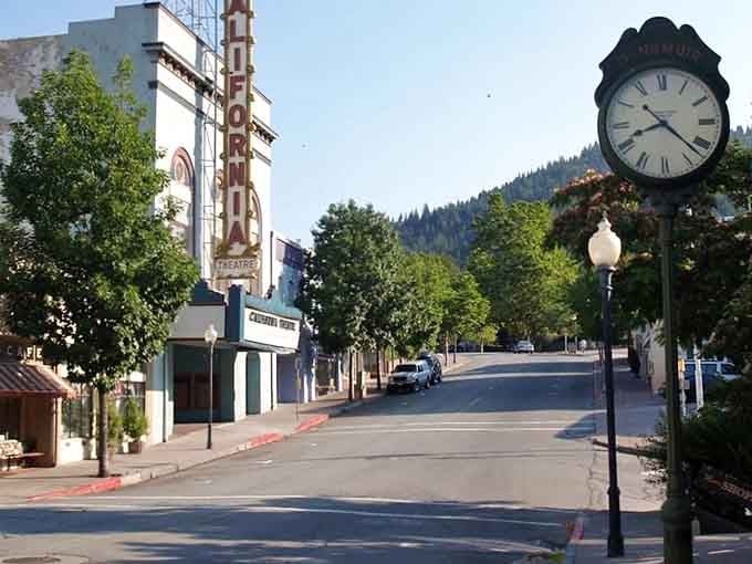 The historic California Theatre marquee stands sentinel over Dunsmuir's main street, a nostalgic reminder of simpler times when entertainment didn't require a monthly subscription.