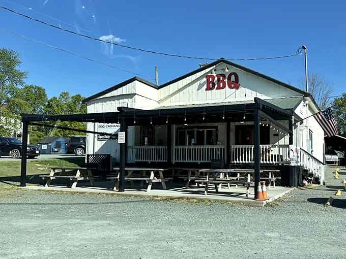 Barbeque Exchange's simple "BBQ" sign and welcoming porch perfectly embody its no-frills approach to extraordinary smoked meats.