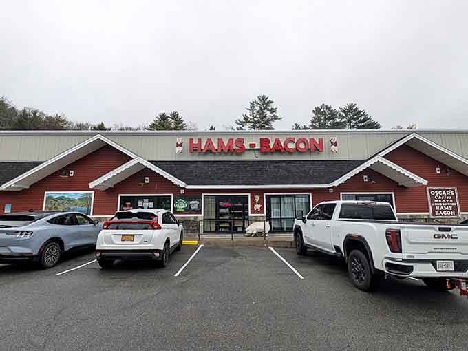 That red barn facade isn't just for show&mdash;it's your beacon to bacon paradise in the Adirondacks.